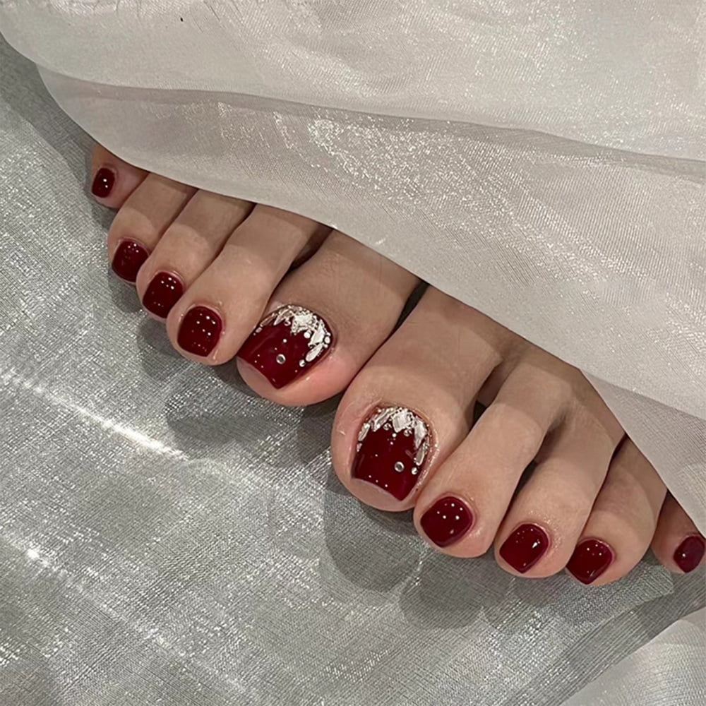 False Toenails for Gel Art Cherry Red Glittering Artificial Toenails ...