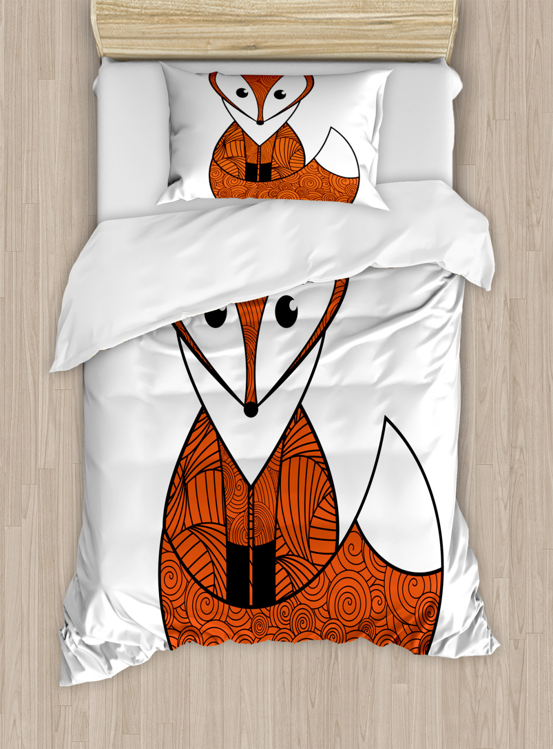Fox Duvet Cover Set Twin Size, Cartoon Young Fox Character with Spiral ...