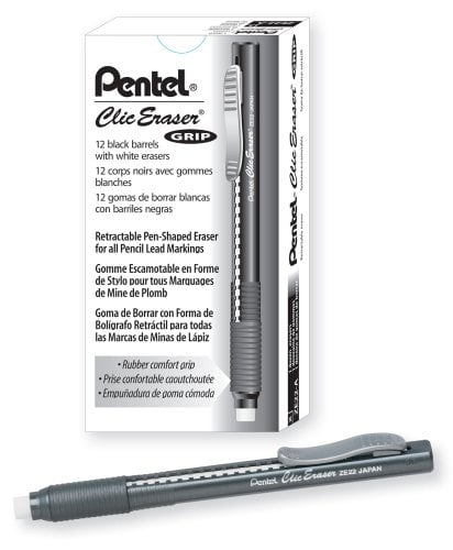 Pentel Clic Eraser Grip, Retractable Eraser, Black Barrel, Box of 12 ...