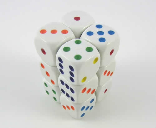 White Opaque Dice with Multi-Colored Pips D6 16mm (5/8in) Pack of 12 ...