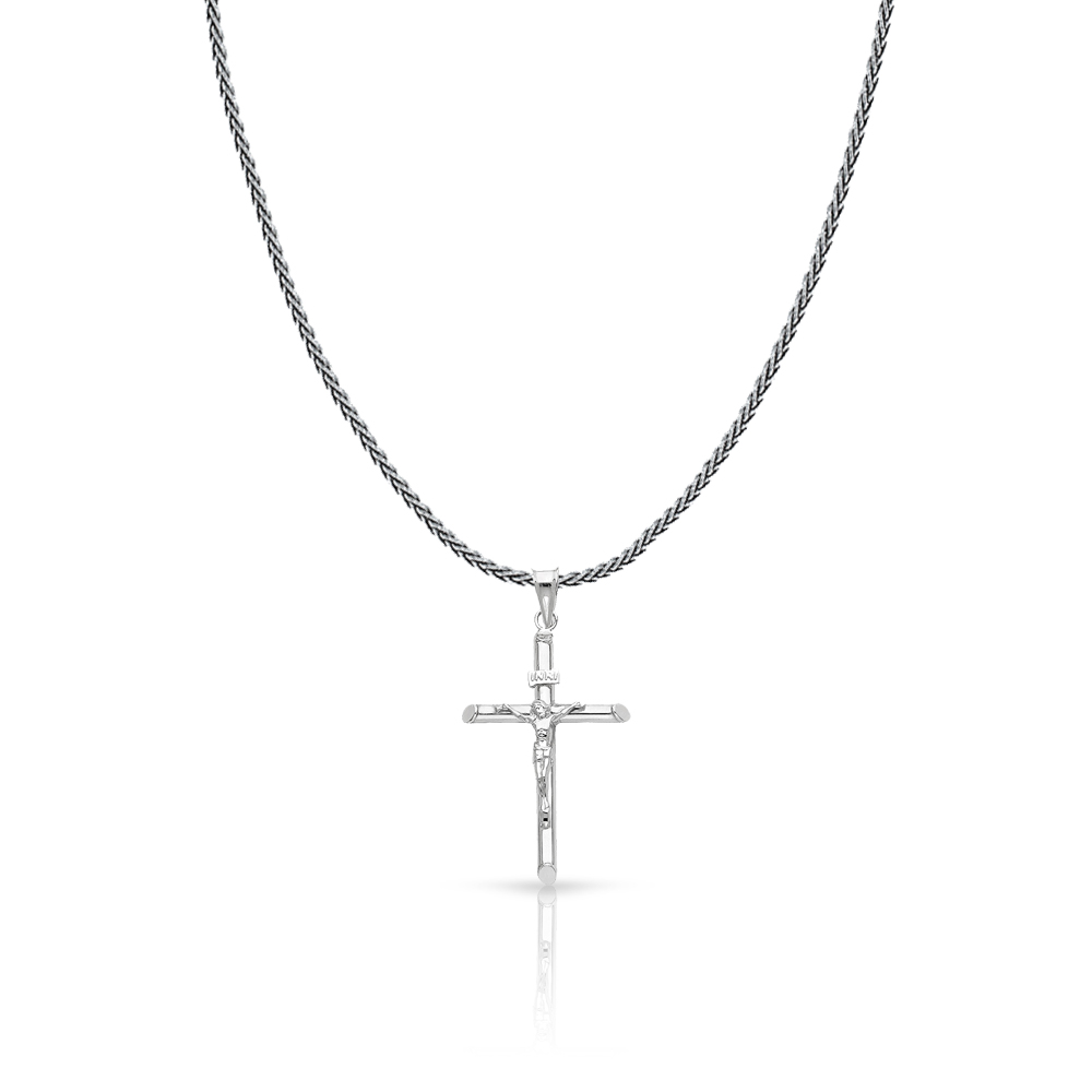 14K White Gold Crucifix Cross Charm Pendant with 1.1mm Wheat Chain ...