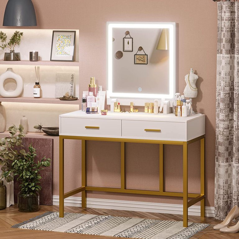 Vanity Table With Lighted Mirror, Makeup Desk With Drawers, 46% OFF