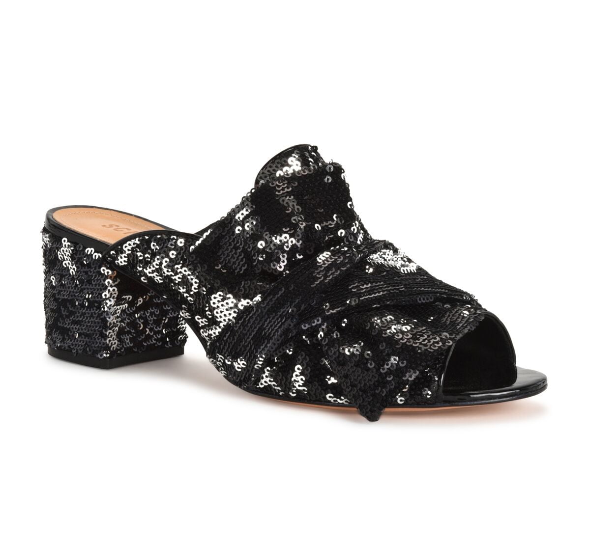 Schutz Manon Black Preto Silver Sequin Knotted Bow Low Block Heel Slide ...