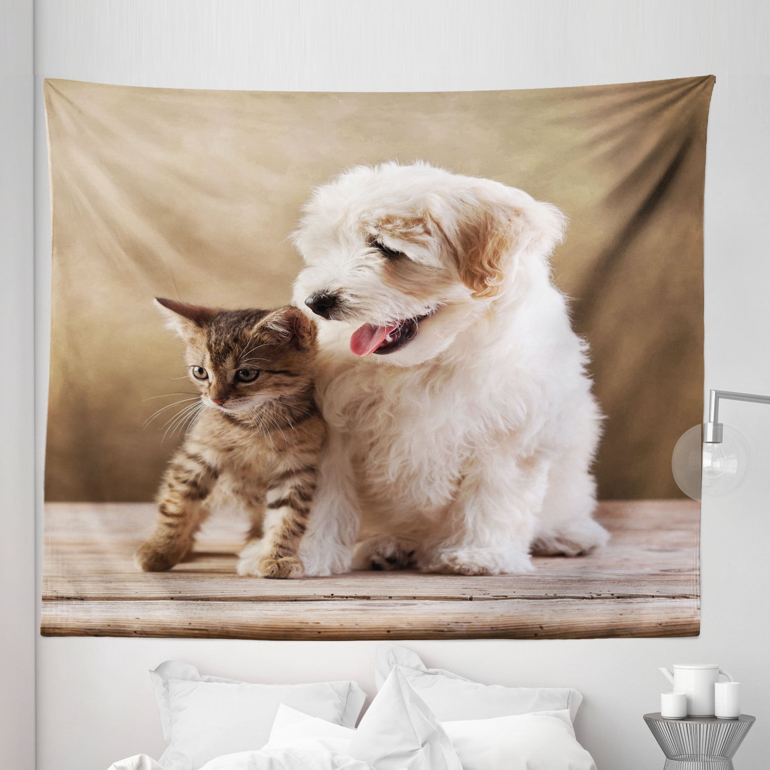 Animal Tapestry, Cat Kitten and Puppy Dog Best Friends Image Photo Art ...