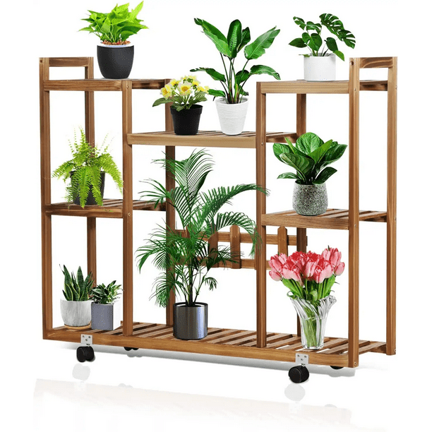 MoNiBloom 4 Tier Pine Wood Plant Stand Rack with Wheels, Indoor Outdoor ...