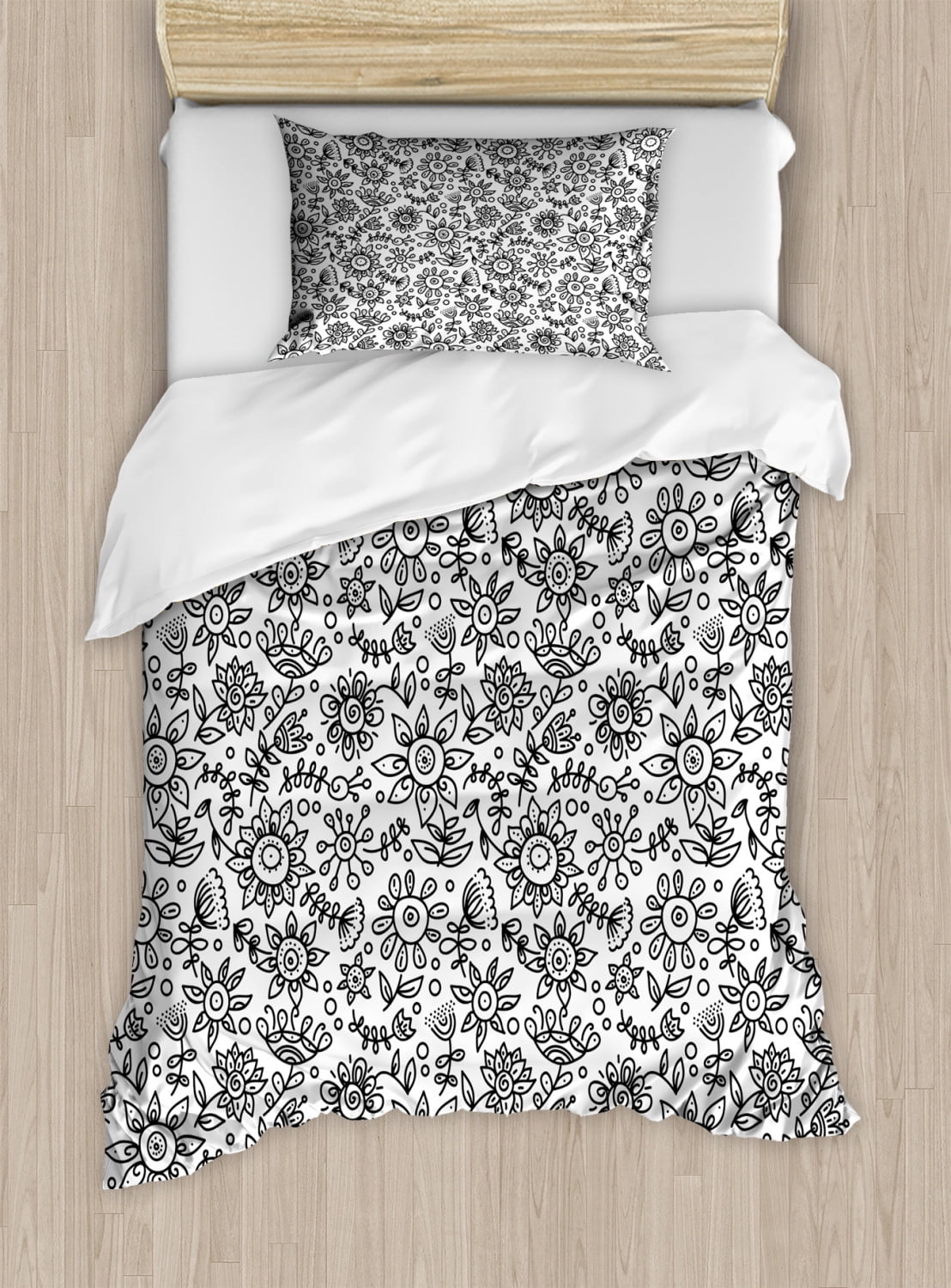 Black and White Twin Size Duvet Cover Set, Floral Composition Doodle ...