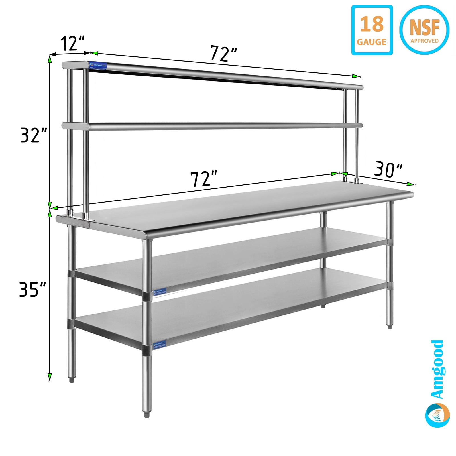 30" x 72" Stainless Steel Work Table With 2 Shelves | 12" Wide Double ...