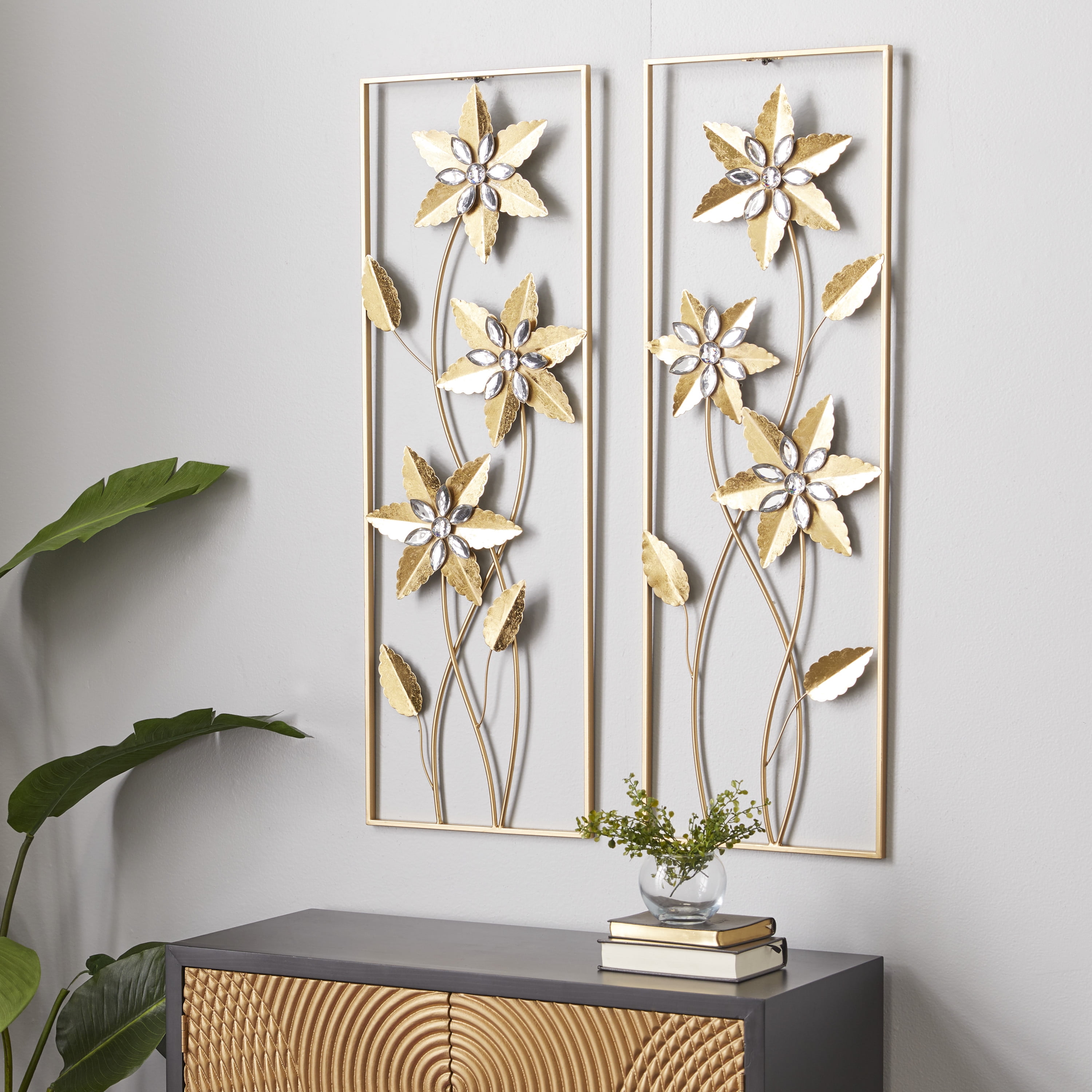 DecMode Gold Metal Floral Wall Decor with Gold Frame (2 Count ...