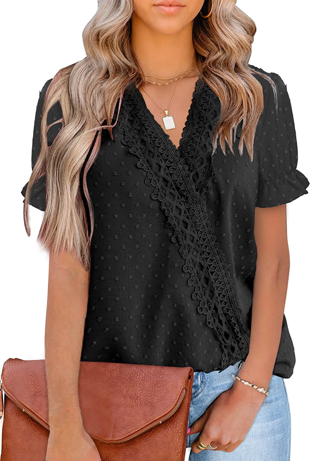 Womens Summer Short Sleeve Tops V Neck Chiffon Blouses Dressy Casual