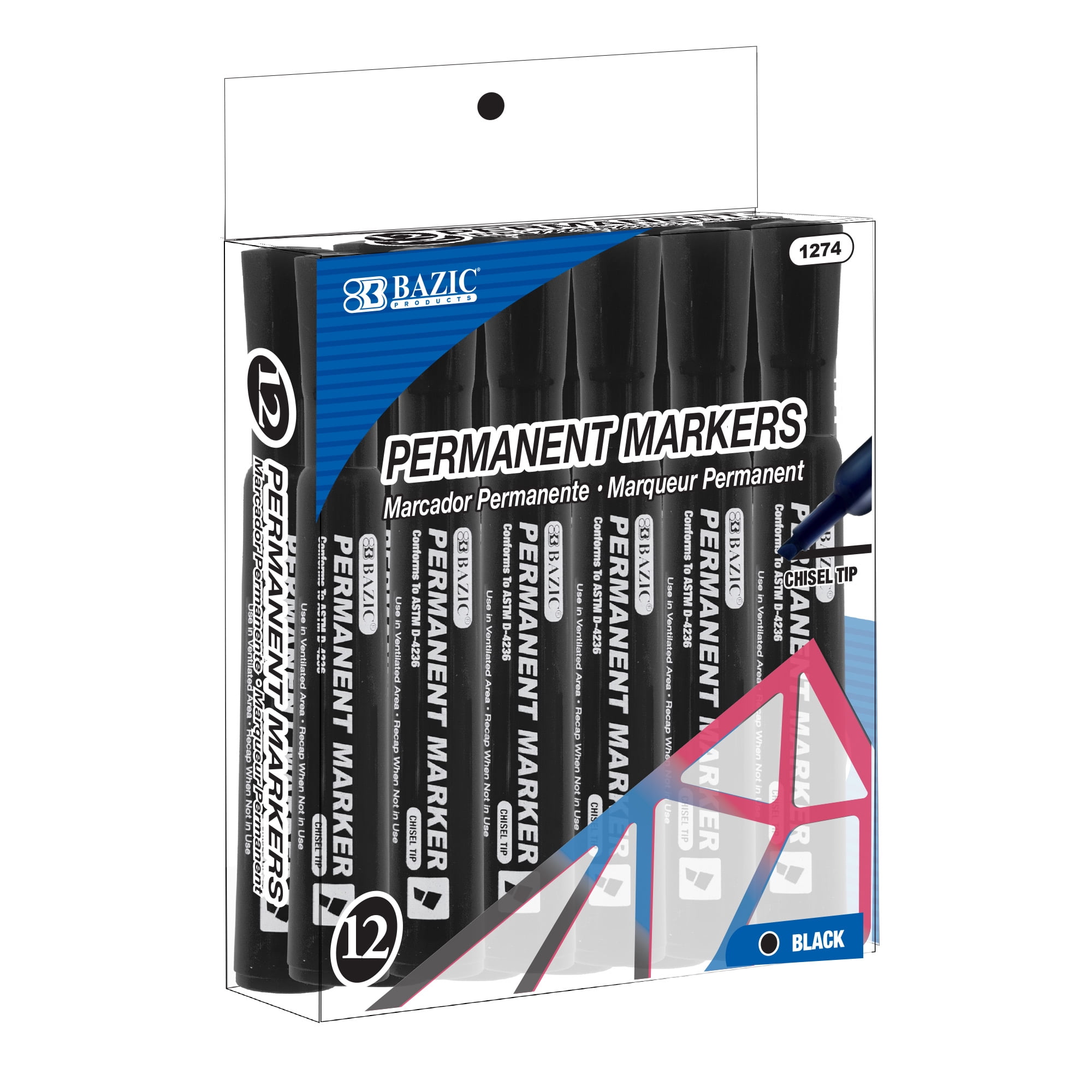 BAZIC Permanent Marker Chisel Tip, Black Color Markers Total 12 Count ...