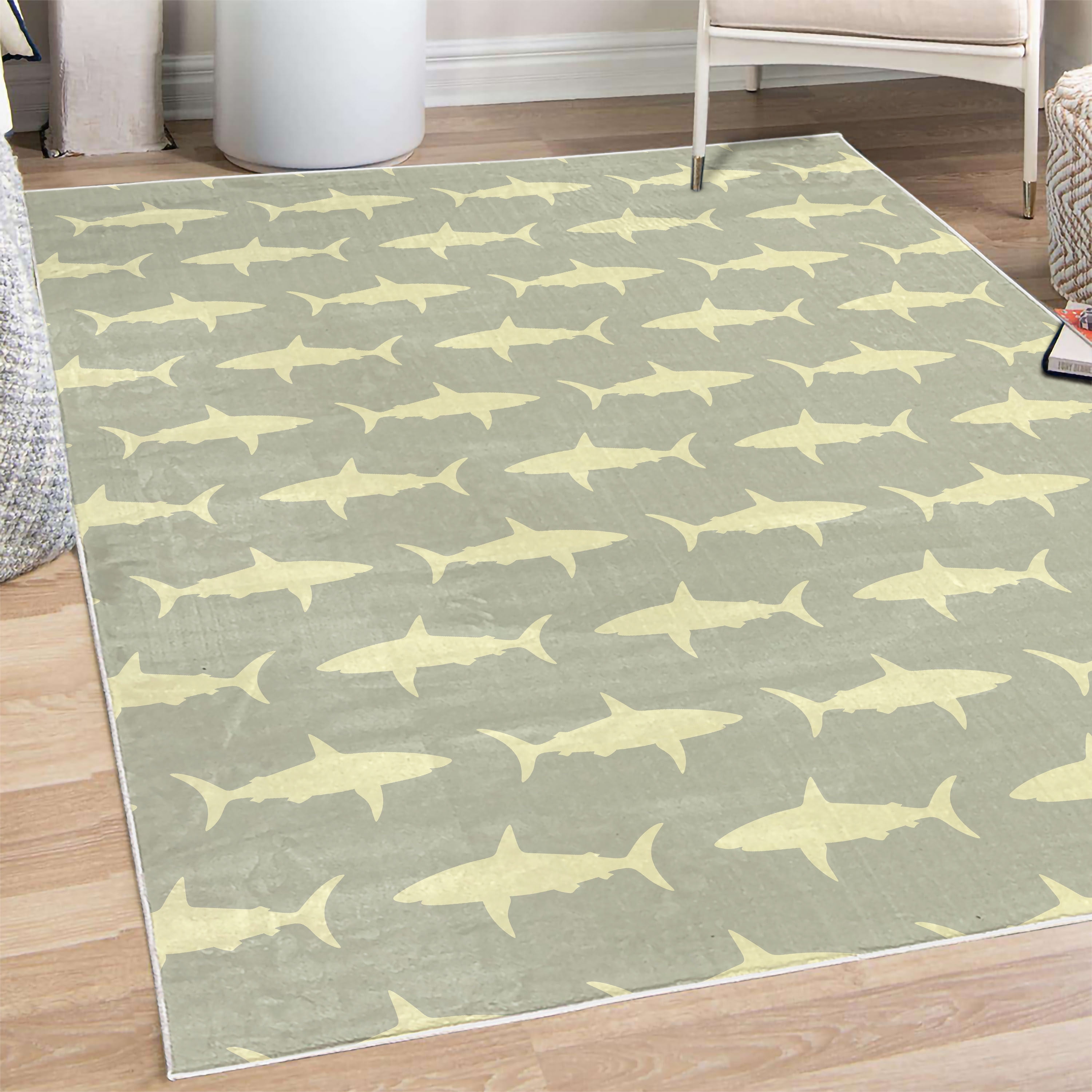 Sea Animals Decorative Rug, Sharks Swimming Horizontal Silhouettes ...