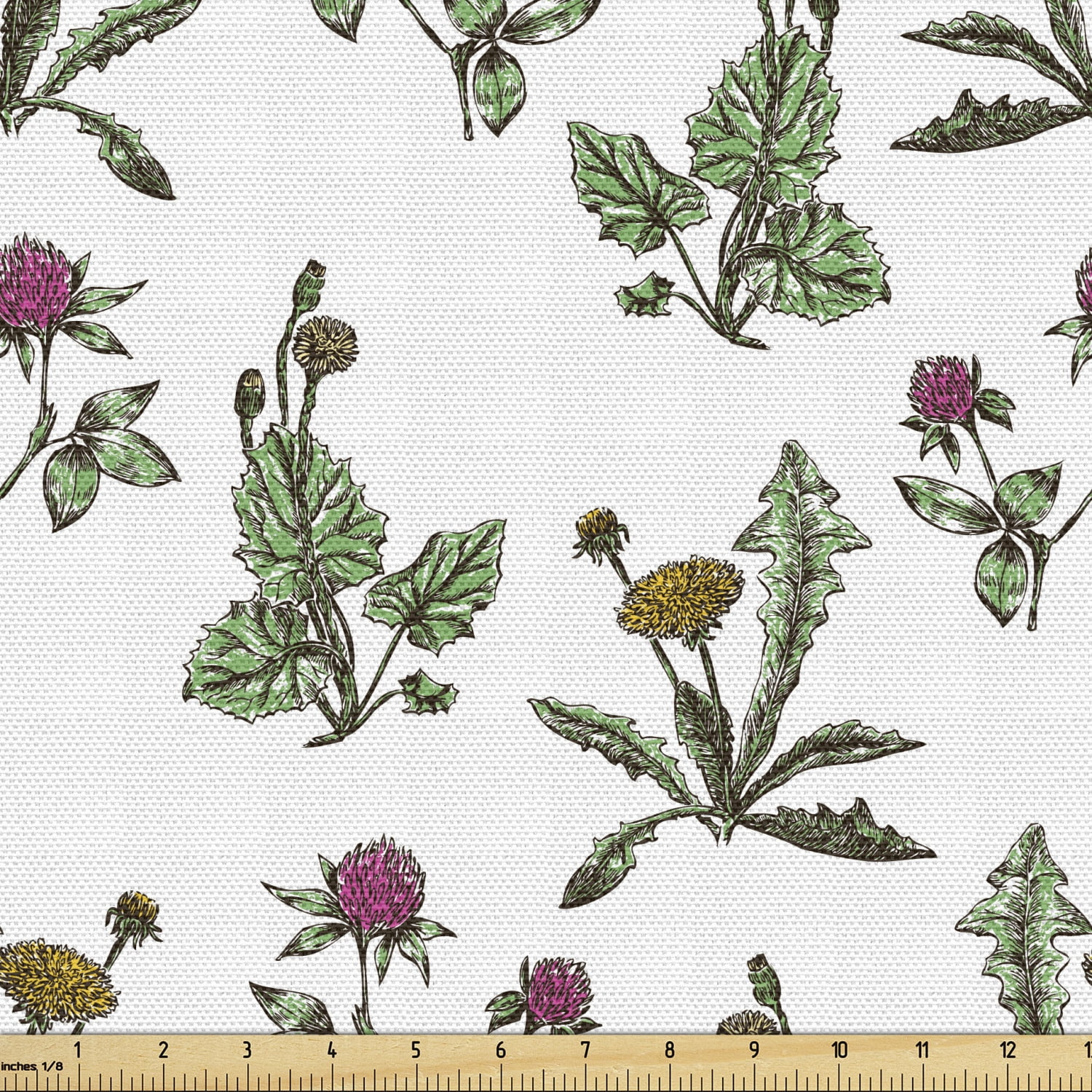Dandelion Fabric by the Yard, Colorful Sketchy Pattern of Wild Meadow ...