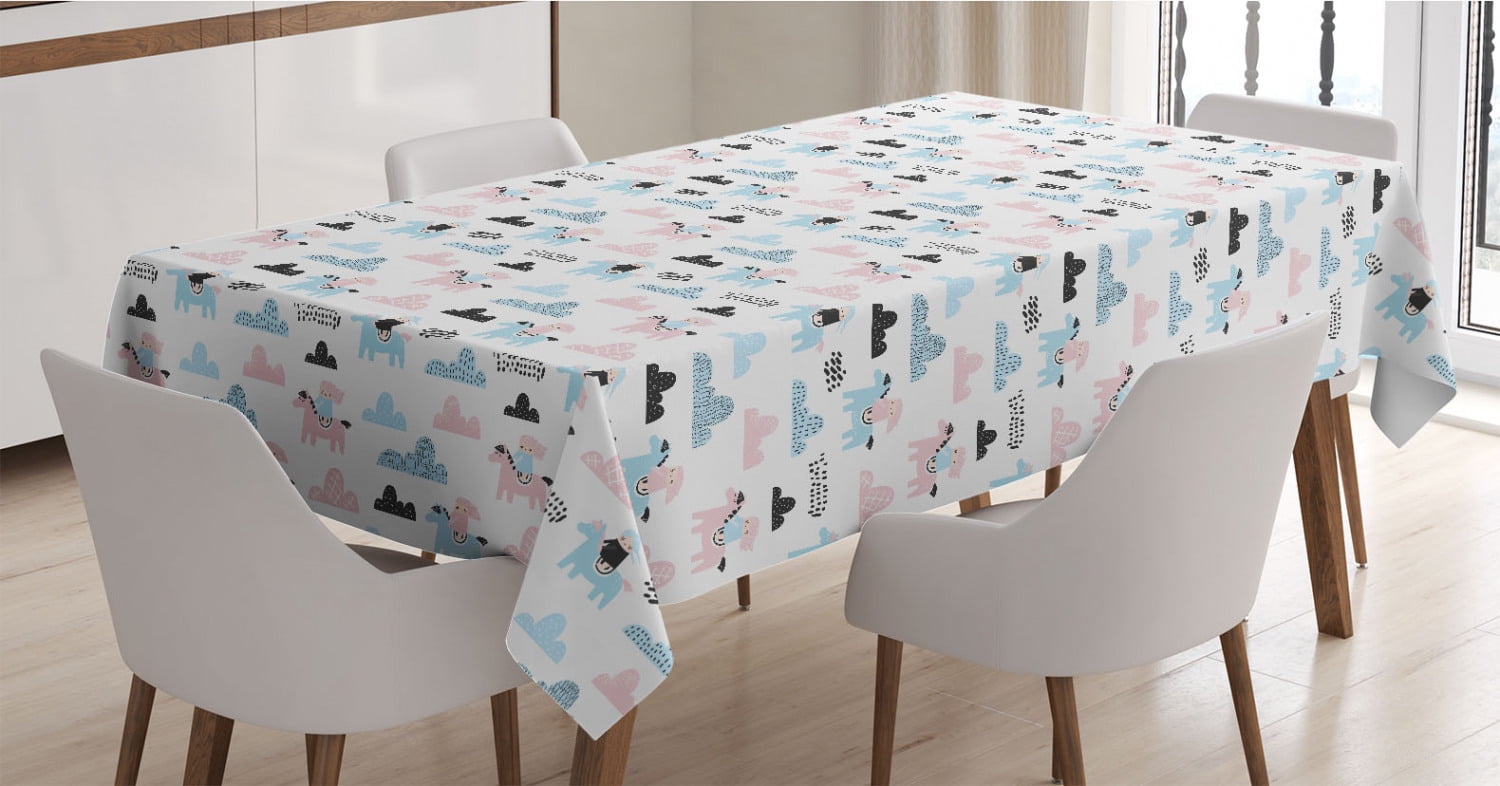 Cartoon Tablecloth, Little Girl on Pony Along Clouds Mountains Sky ...
