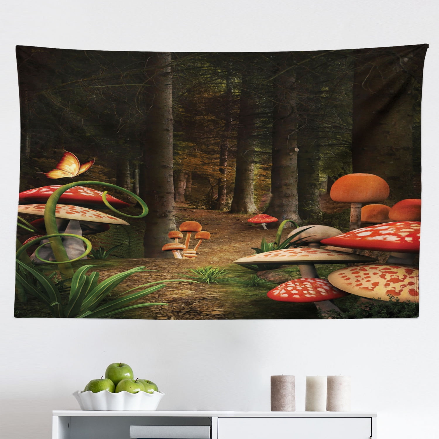 Mushroom Tapestry, Illustration of a Long Worm Near Mushroom Houses ...