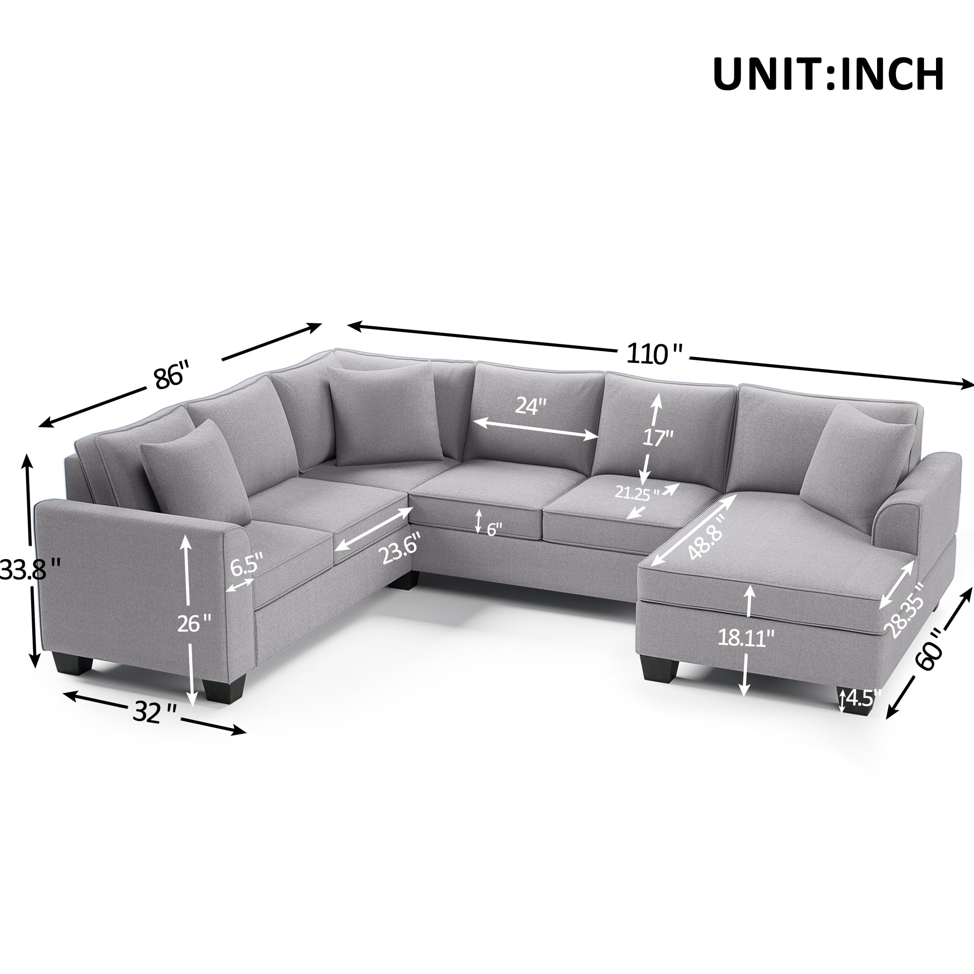 Meterk 110 86 Sectional Sofa Upholstered Modern English Arm U Shaped 3 ...