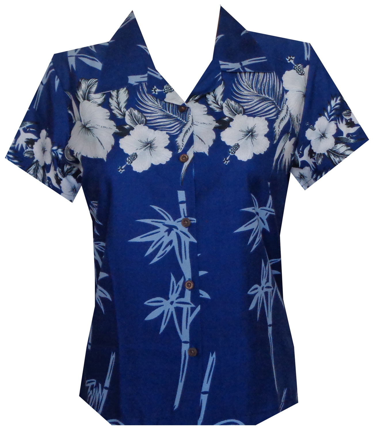 Hawaiian Shirt 35w Women Bamboo Tree Print Aloha Beach Top Blouse Blue