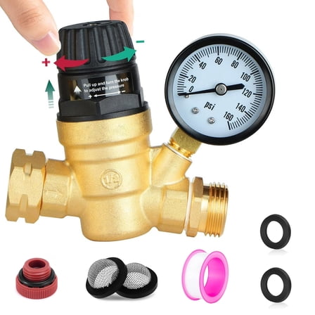 RV Brass Lead-Free Adjustable Water Pressure Regulator Valve with Gauge ...