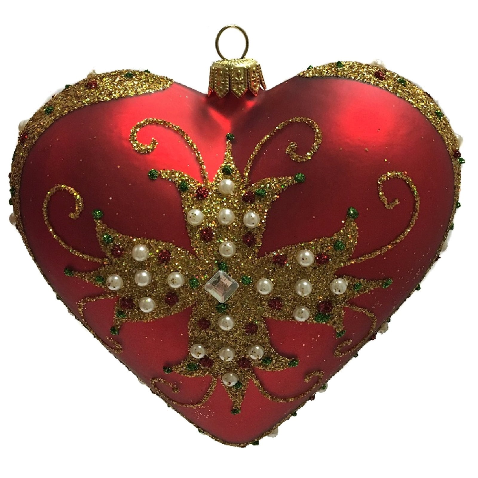 Red and Gold Heart with Jeweled Cross Polish Glass Christmas Tree ...