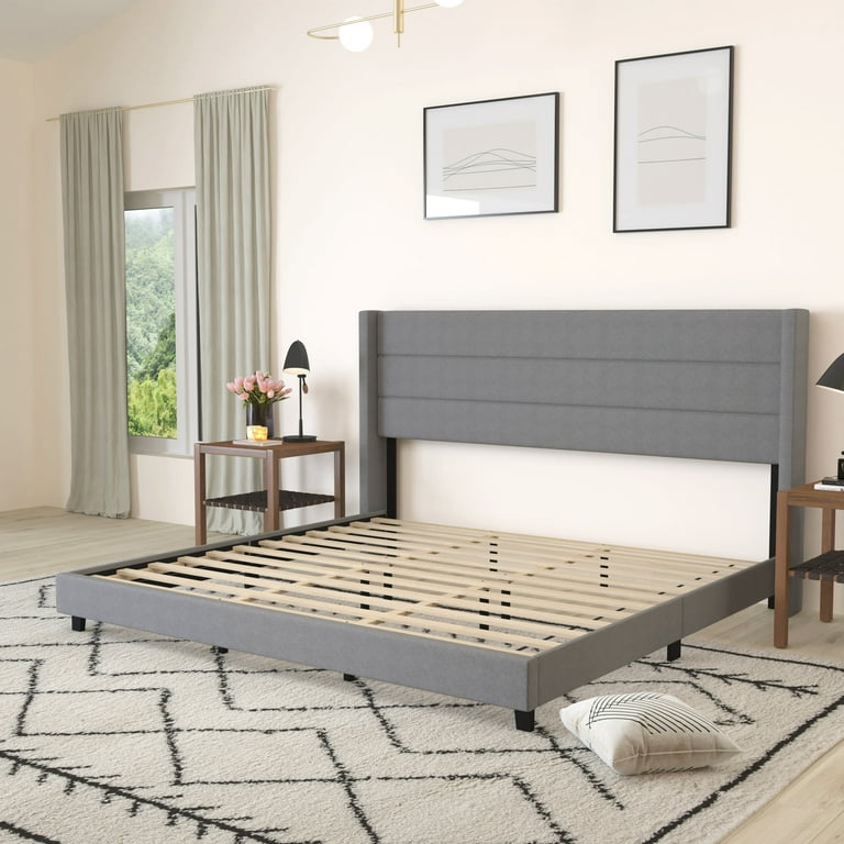 Merrick Lane Modern King Platform Bed with Padded Channel Stitched Gray Faux Linen Upholstered Wingback Headboard and 8.6 Underbed Clearance