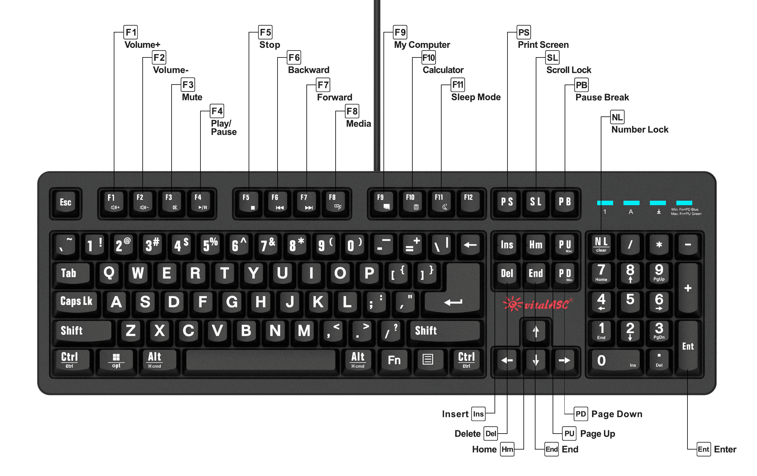 vitalASC 104-Key Large Print Windows Mac USB Wire Spill-resistant ...