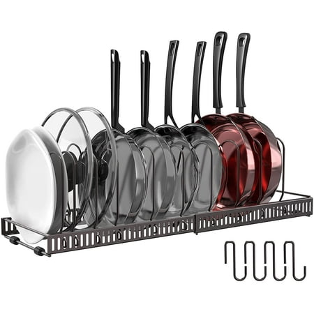 Pot Pan Lid Organizers Rack with 4 Hooks, Expandable Kitchen Cabinet ...