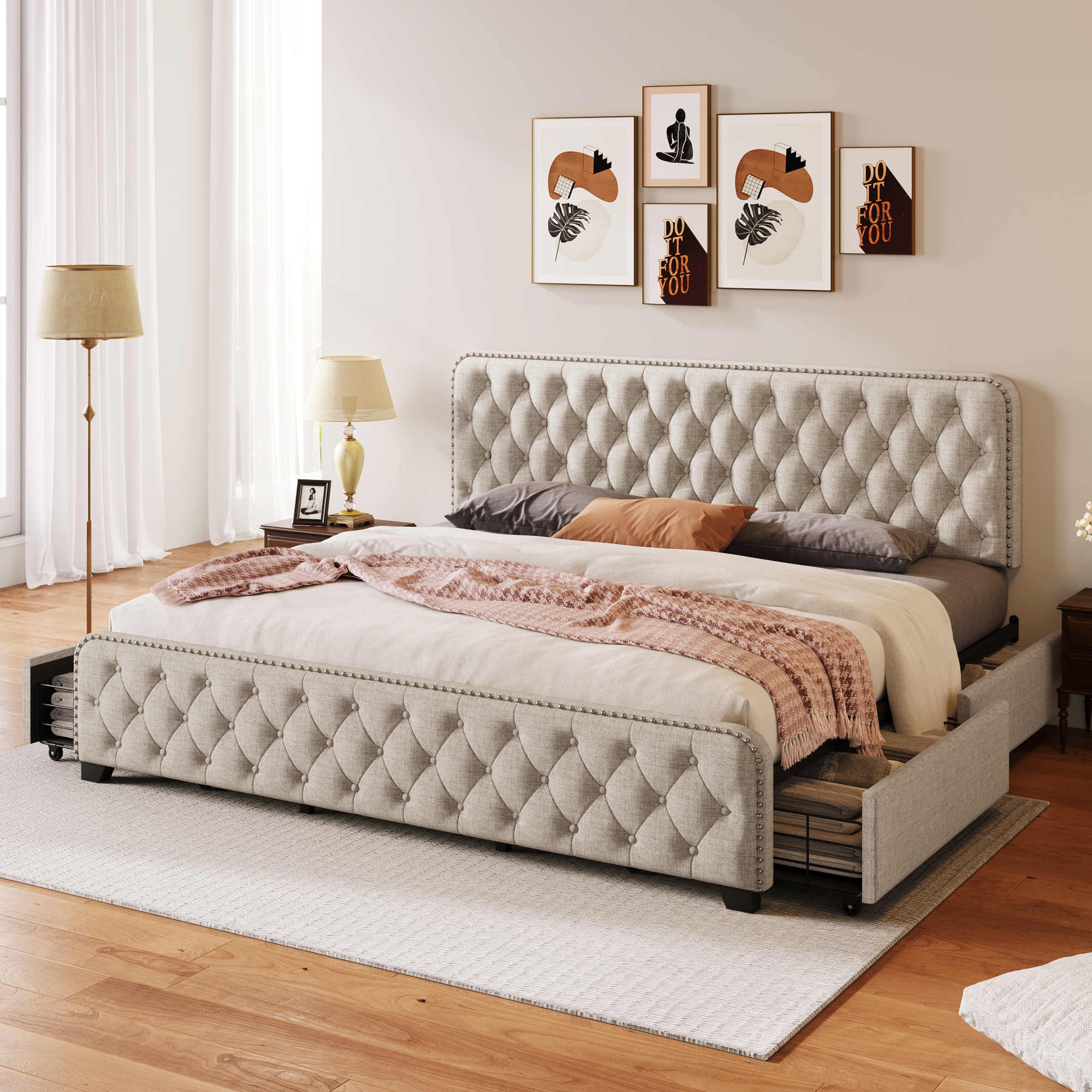 King Size Platform Bed Frame with 4 Drawers, Upholstered Platform Bed ...