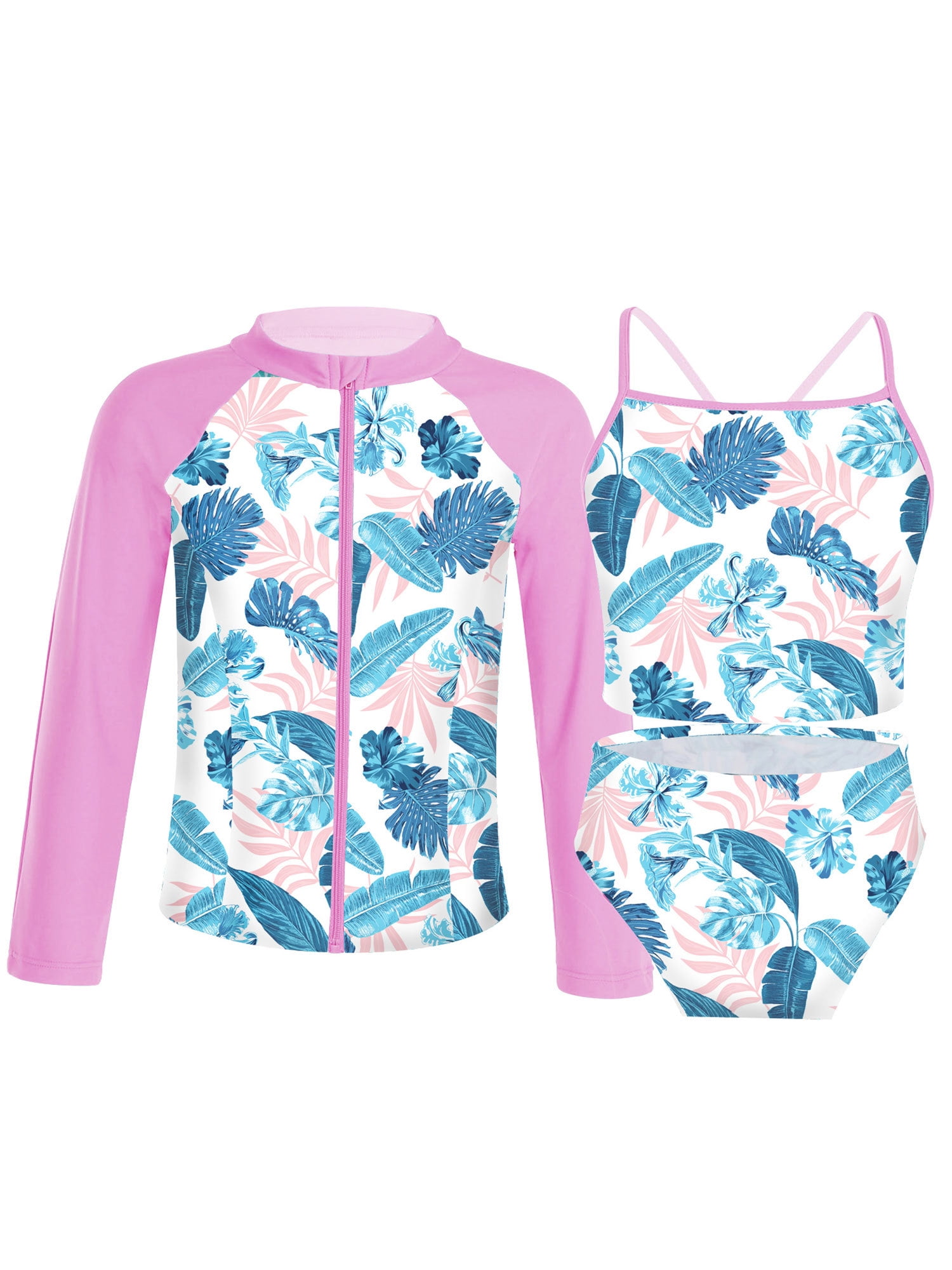 DPOIS Kids Girls 3Pcs Rashguard Swimsuit UPF 50+ Long Sleeves Front ...