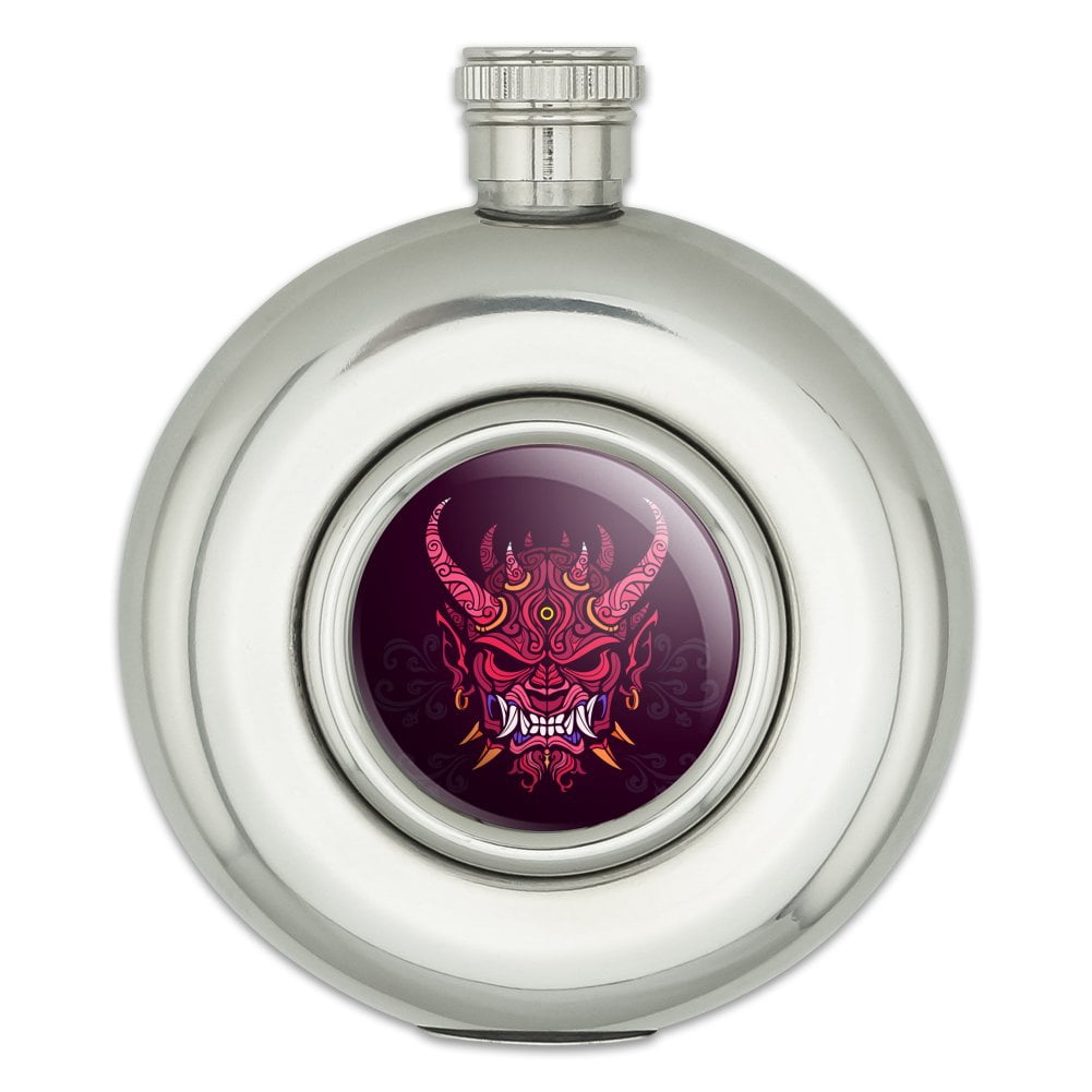 Japanese Horned Demon Mask Oni Round Stainless Steel 5oz Hip Drink ...