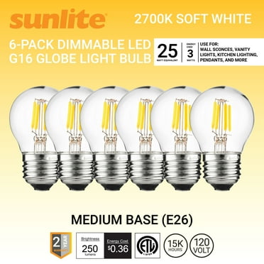 Sunlite LED G16.5 Filament Style Globe Light Bulb, 2.5 Watts (25W Equivalent), Candelabra E12 ...