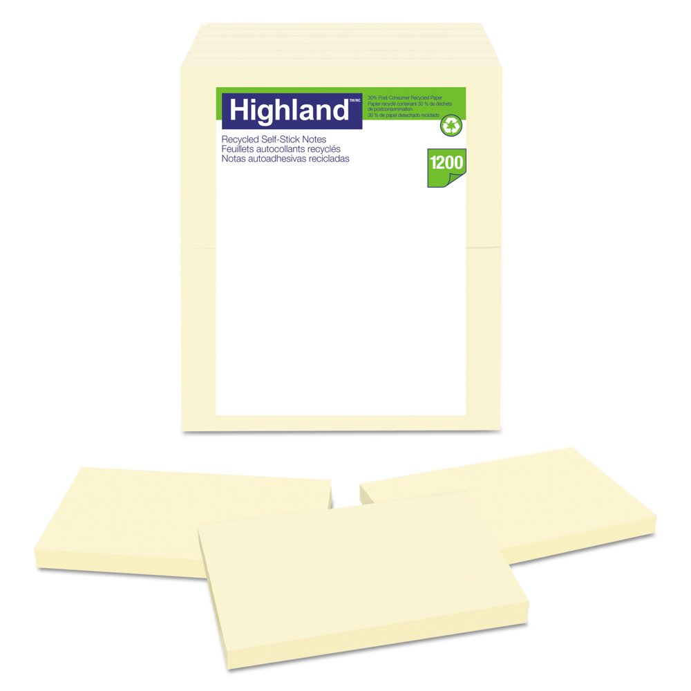 Highland Recycled Self Stick Notes, 3 x 5, Yellow, 100 Sheets/Pad, 12 ...
