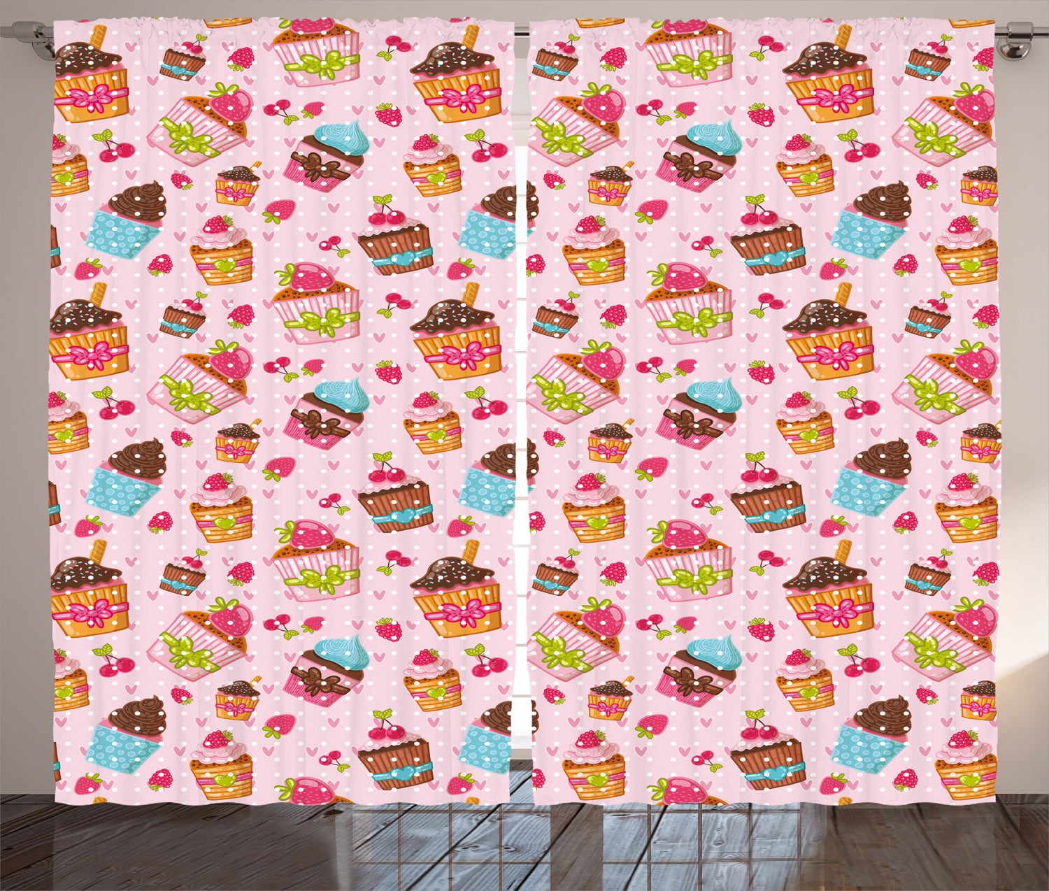 Pink Curtains 2 Panels Set, Kitchen Cupcakes Muffins Strawberries and ...