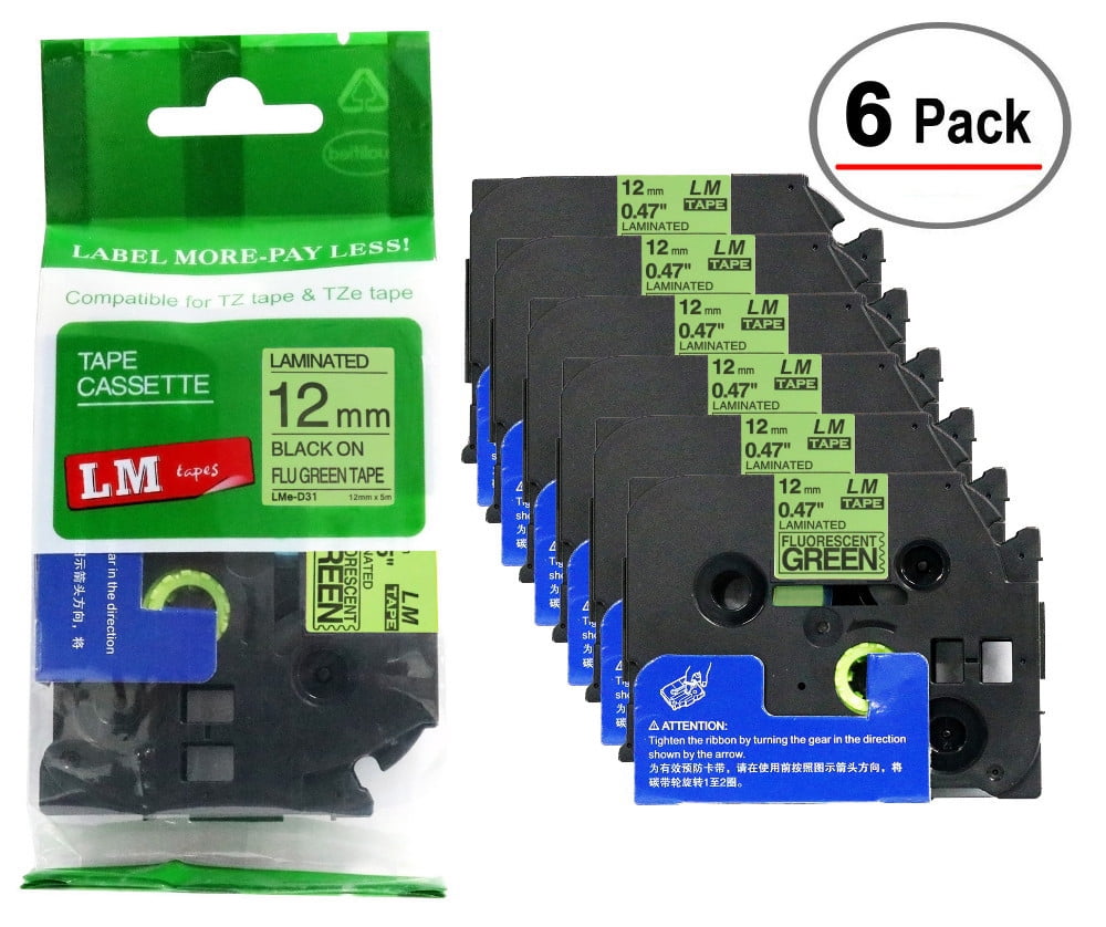 LM Tapes - Premium 1/2" Black Print on Bright Green Label Tape, 6 Per ...