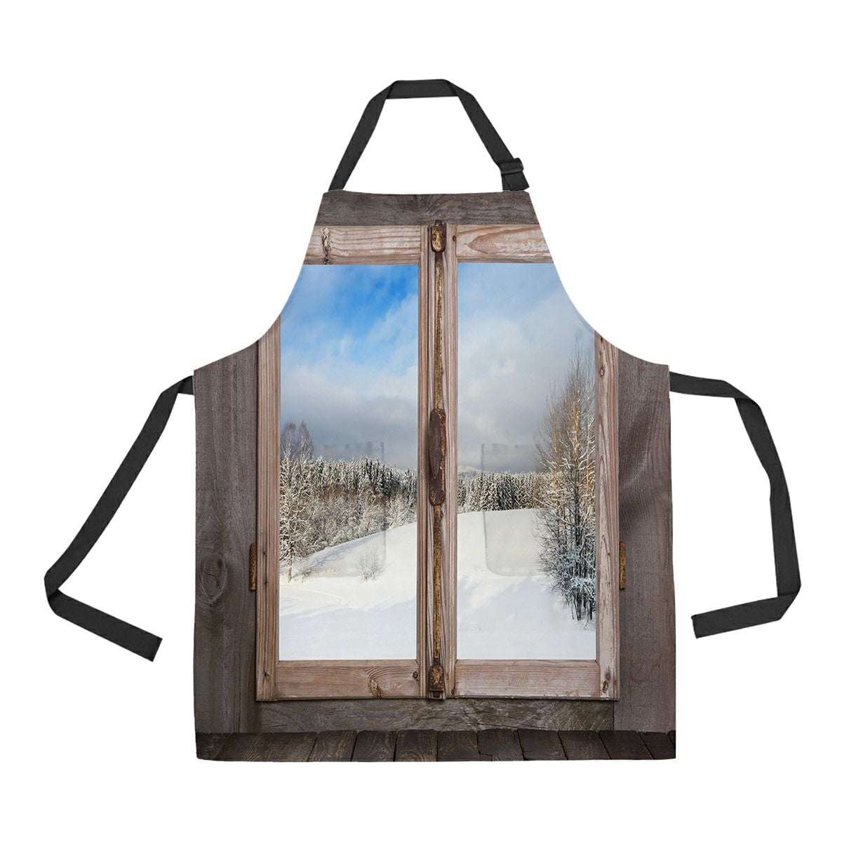 ECZJNT Snowy winter landscape old rustic wooden window Adjustable Bib ...