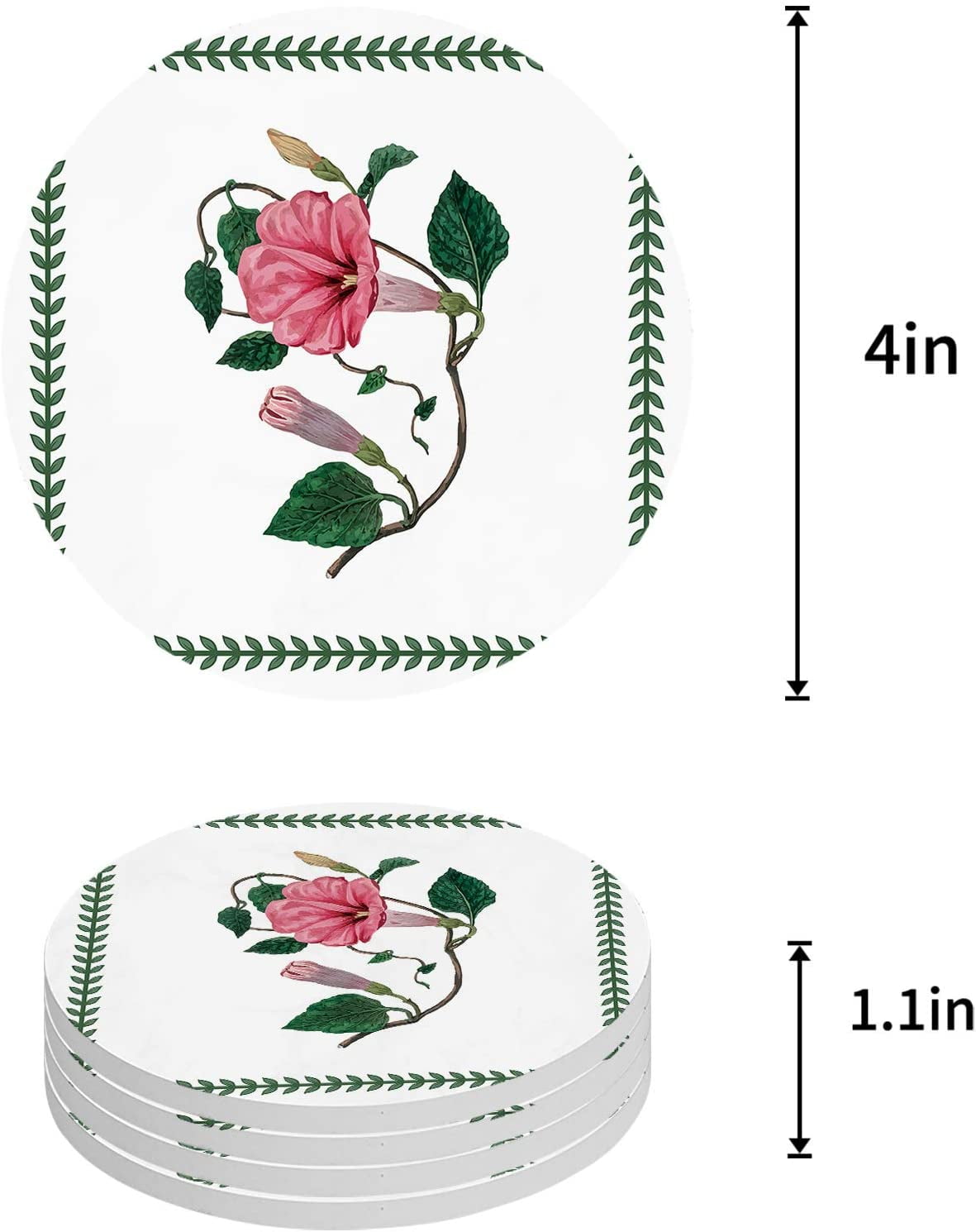 FMSHPON Plant Flower Leaves Morning Glory Set of 4 Round Coaster for ...