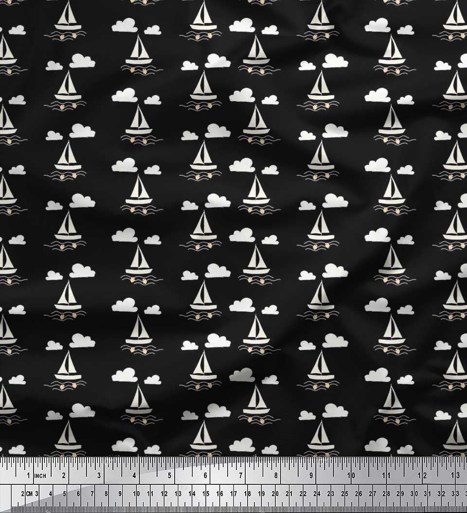 Soimoi Crepe Silk Fabric Cloud,Fish & Yacht Nautical Print Fabric by ...