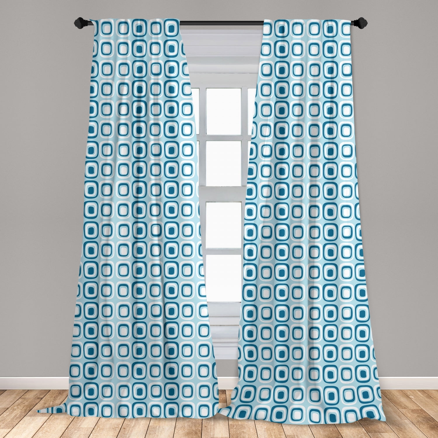 Blue and White Curtains 2 Panels Set, Retro Modern Pattern with Square ...