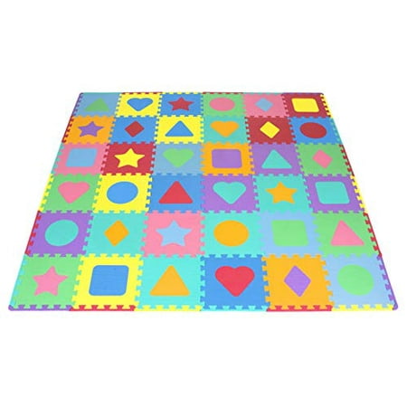 ProSource Kids Foam Puzzle Floor Play Mat with Shapes & Colors 36 Tiles ...