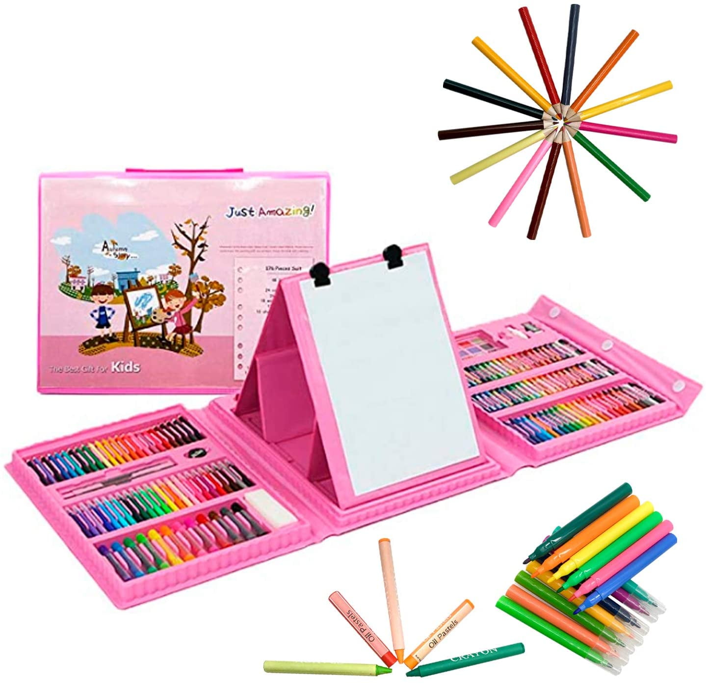 176 Pieces Double Sided Trifold Easel Art Set Portable Art Supplies ...