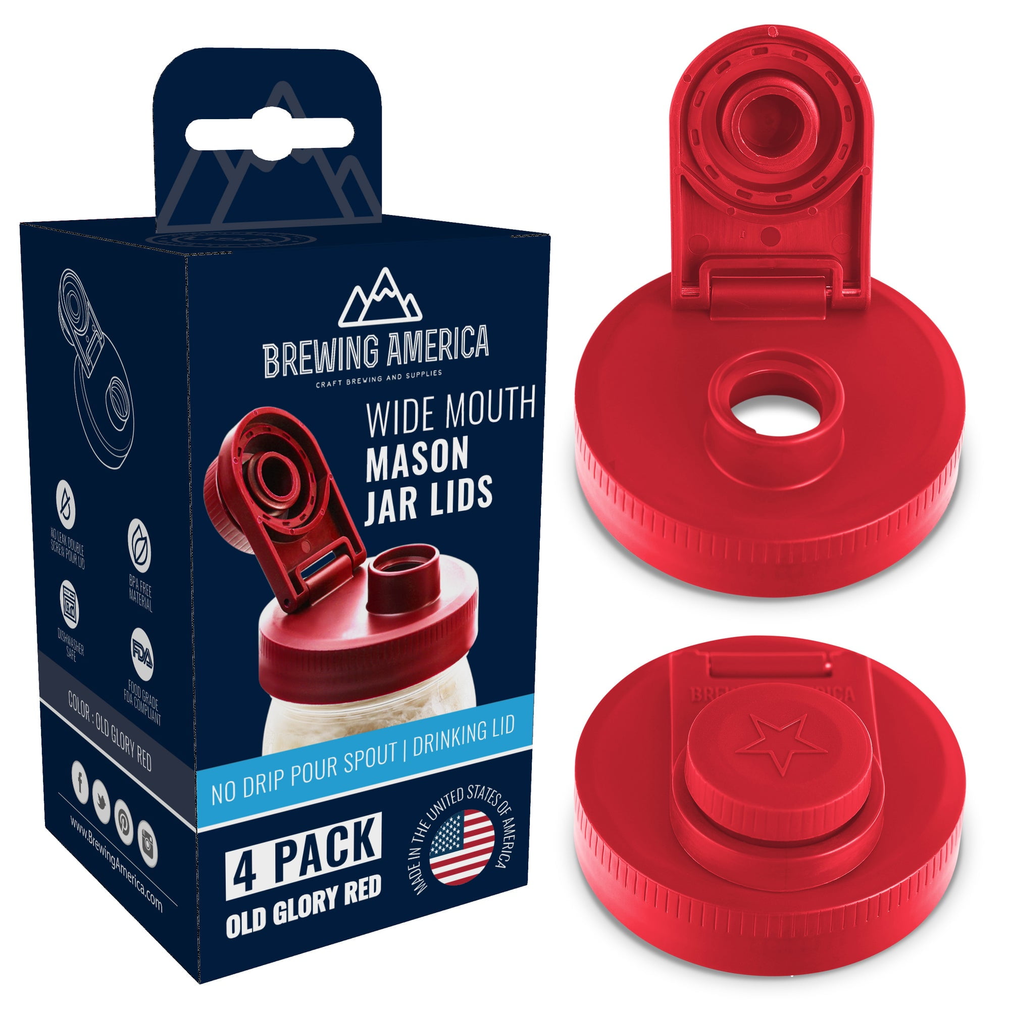 Brewing America Mason Jar Lids Wide Mouth Plastic - Old Glory Red, 4 ...