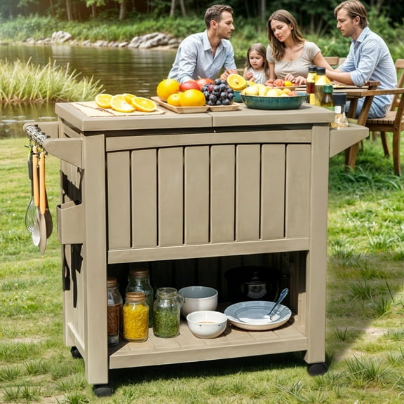 Costway Outdoor Bar Cart with Tempered Glass Top Storage Cabinet & 8 ...