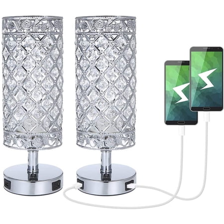 (2 PACKS)USB Gold Crystal Table Lamp, Bedside Lamp with USB Charging ...