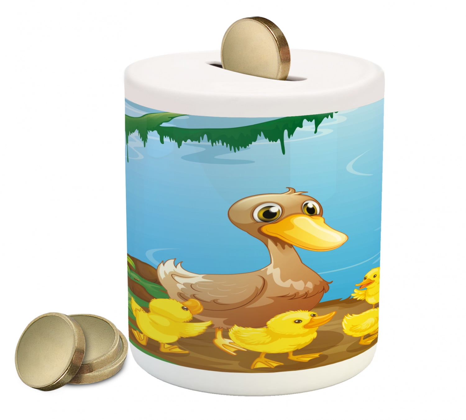 Duck Piggy Bank, Illustration of Duck and Her Ducklings at Riverbank ...