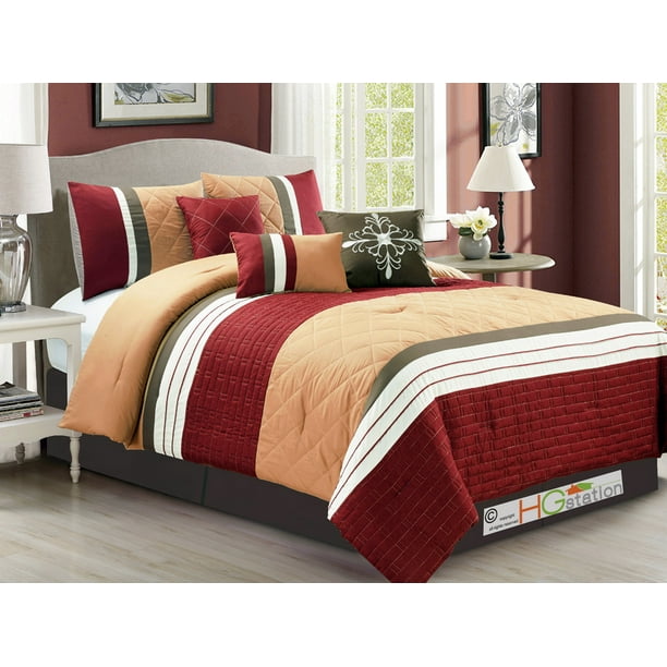 7-Pc Quilted Diamond Brick Rectangle Striped Comforter Set Burgundy ...
