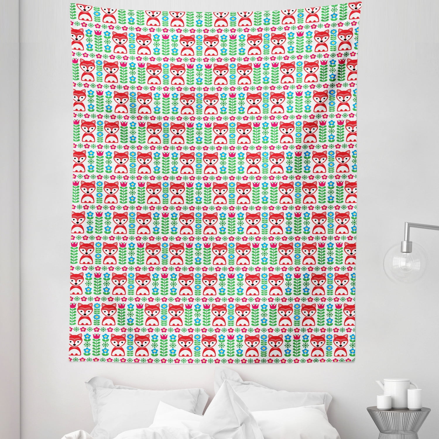 Fox Tapestry, Scandinavian Style Woodland Animals Pattern Flourishing ...
