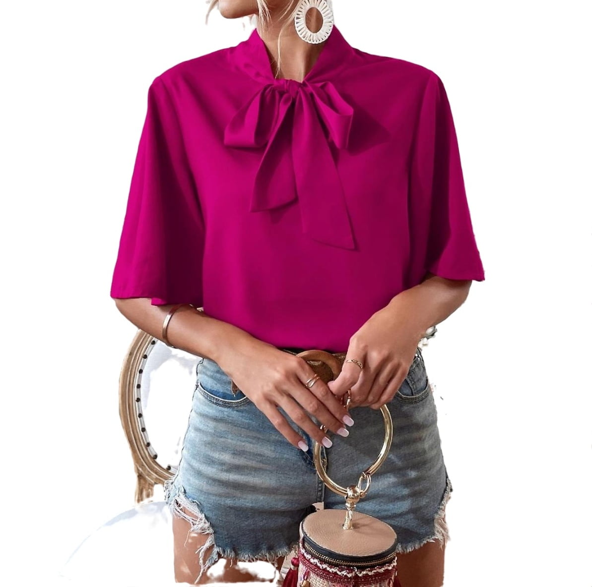 Red Violet Elegant Plain Tops Tie Neck Women's Blouses - Walmart.com