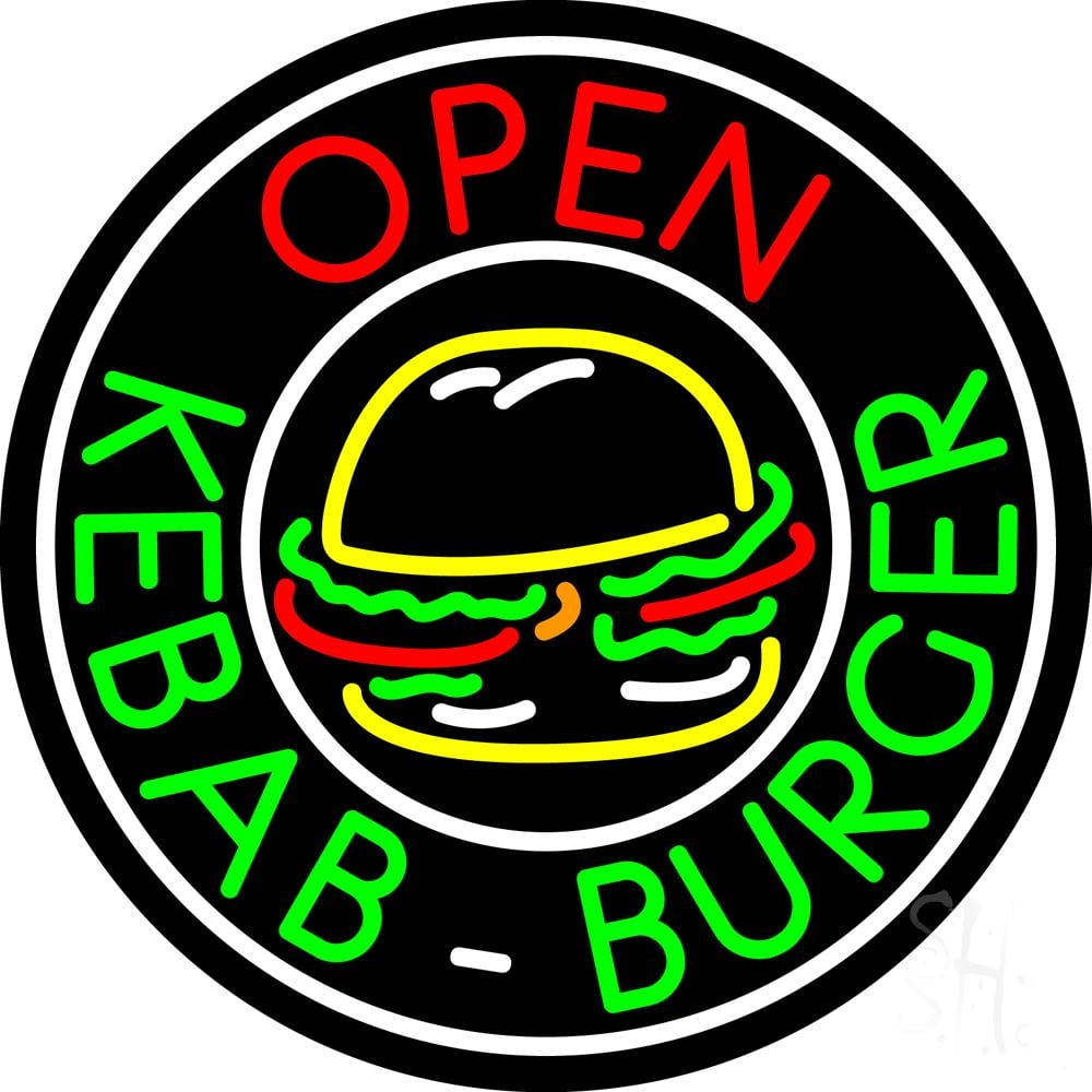 Kebab Burger Open Circle LED Neon Sign 16 x 16 - inches, Clear Edge Cut ...