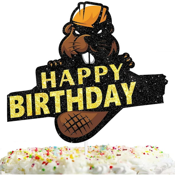 Beaver Happy Birthday Cake Topper Gold Brown Glitter Baby Shower Theme ...