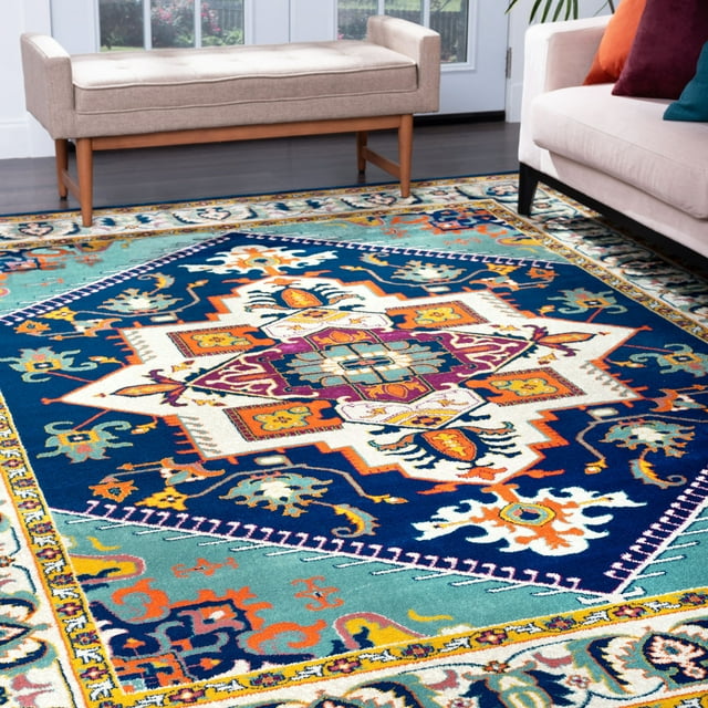 Transitional 8x10 Area Rug (7'10'' x 10'3'') Oriental Aqua, Navy Living ...