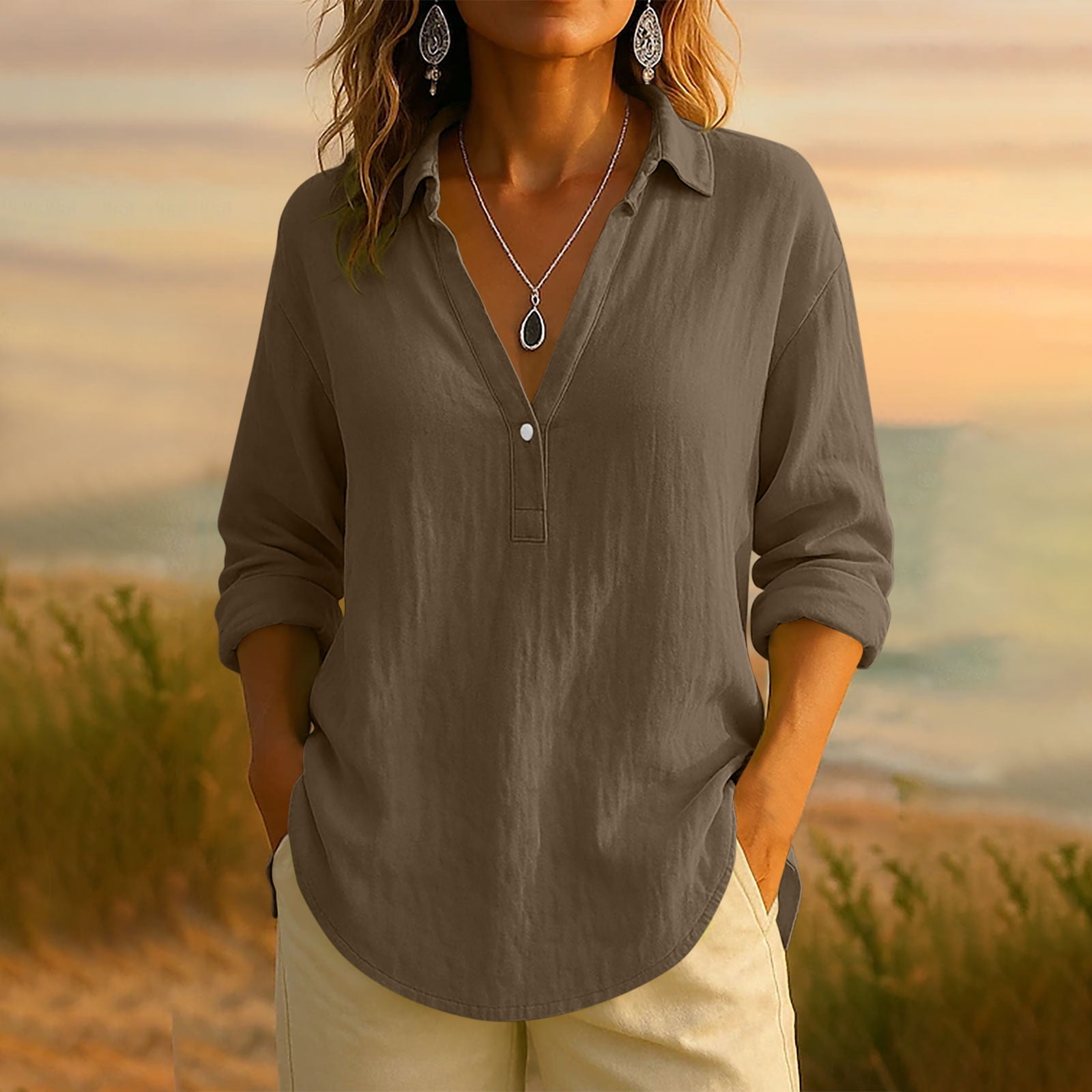 Click here for Ladigasu Womens Linen V-Neck Button-Down Top Long... prices