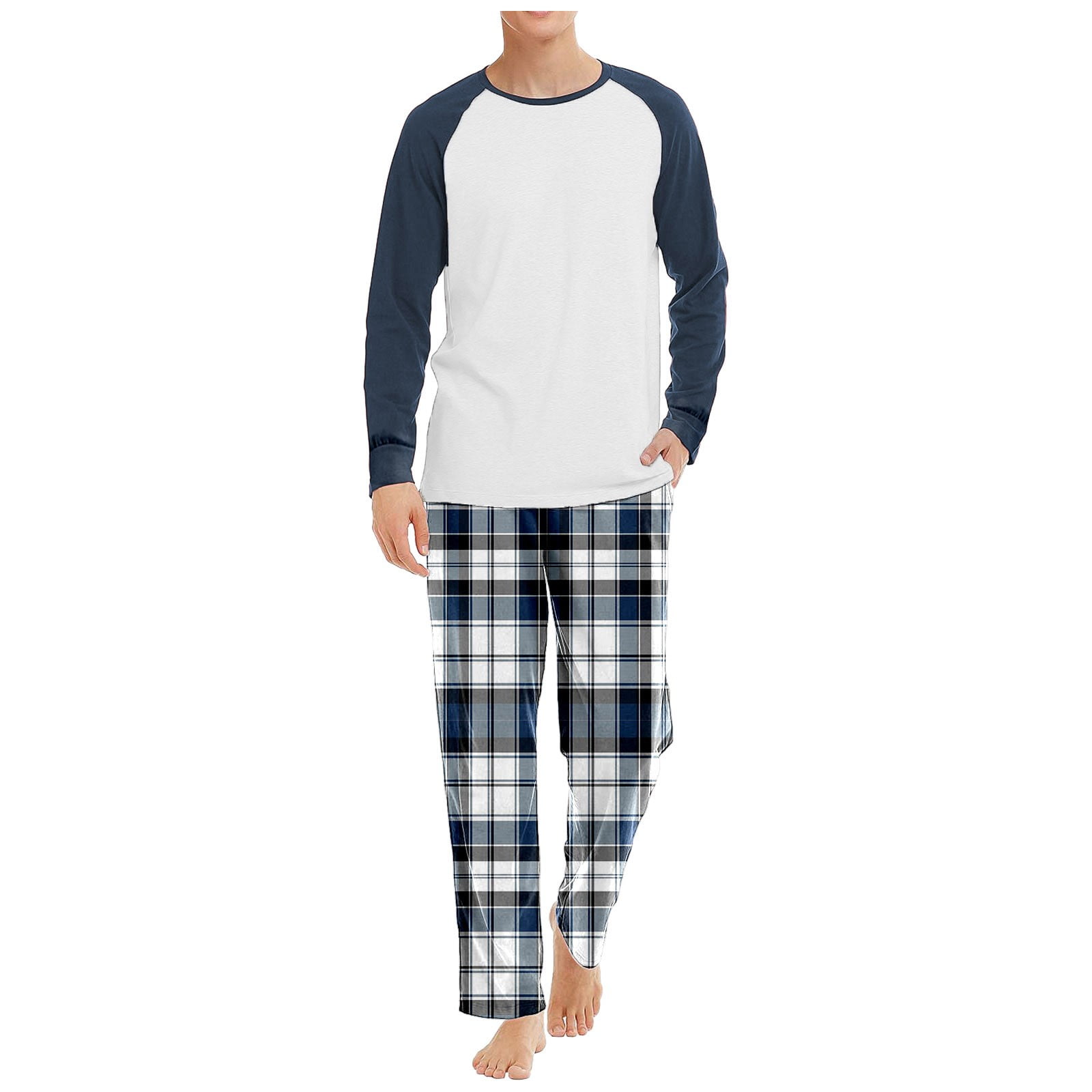 Gdreda Mens Pajamas Male Autumn And Winter Inner Wear Home Raglan Sleeve Top And Plaid Print Trousers Two Piece Home Wear Suit Mens Pajama & Loungew